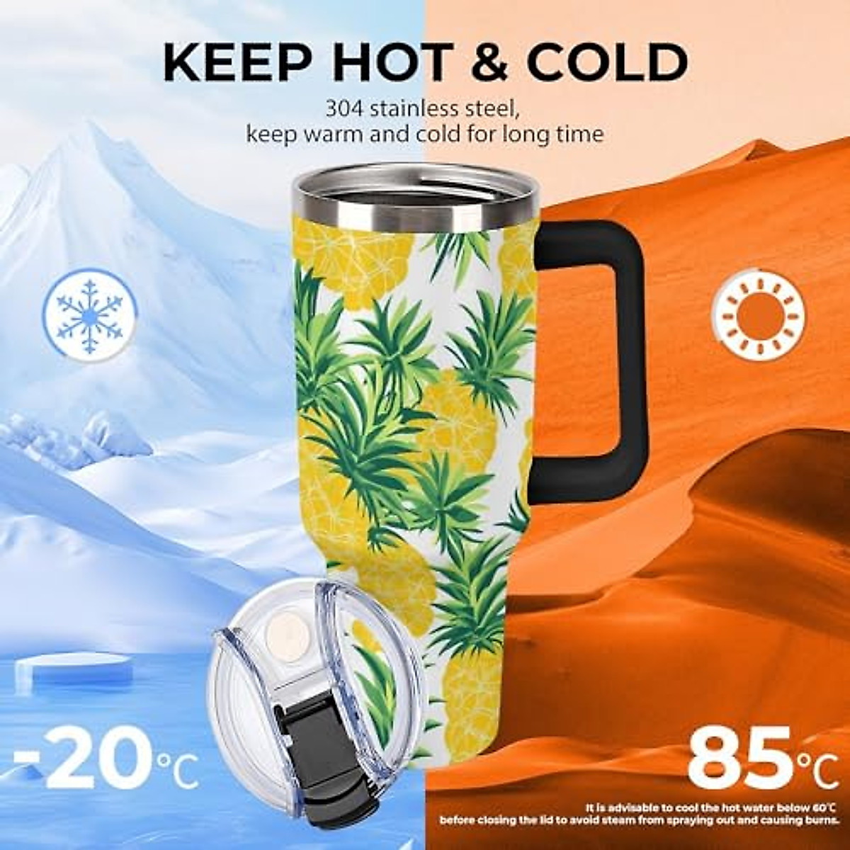 Pineapples Pattern Insulated Tumblers with Handle Stainless Steel Coffee Mug Funny Travel Cup with Lid Straw 40oz