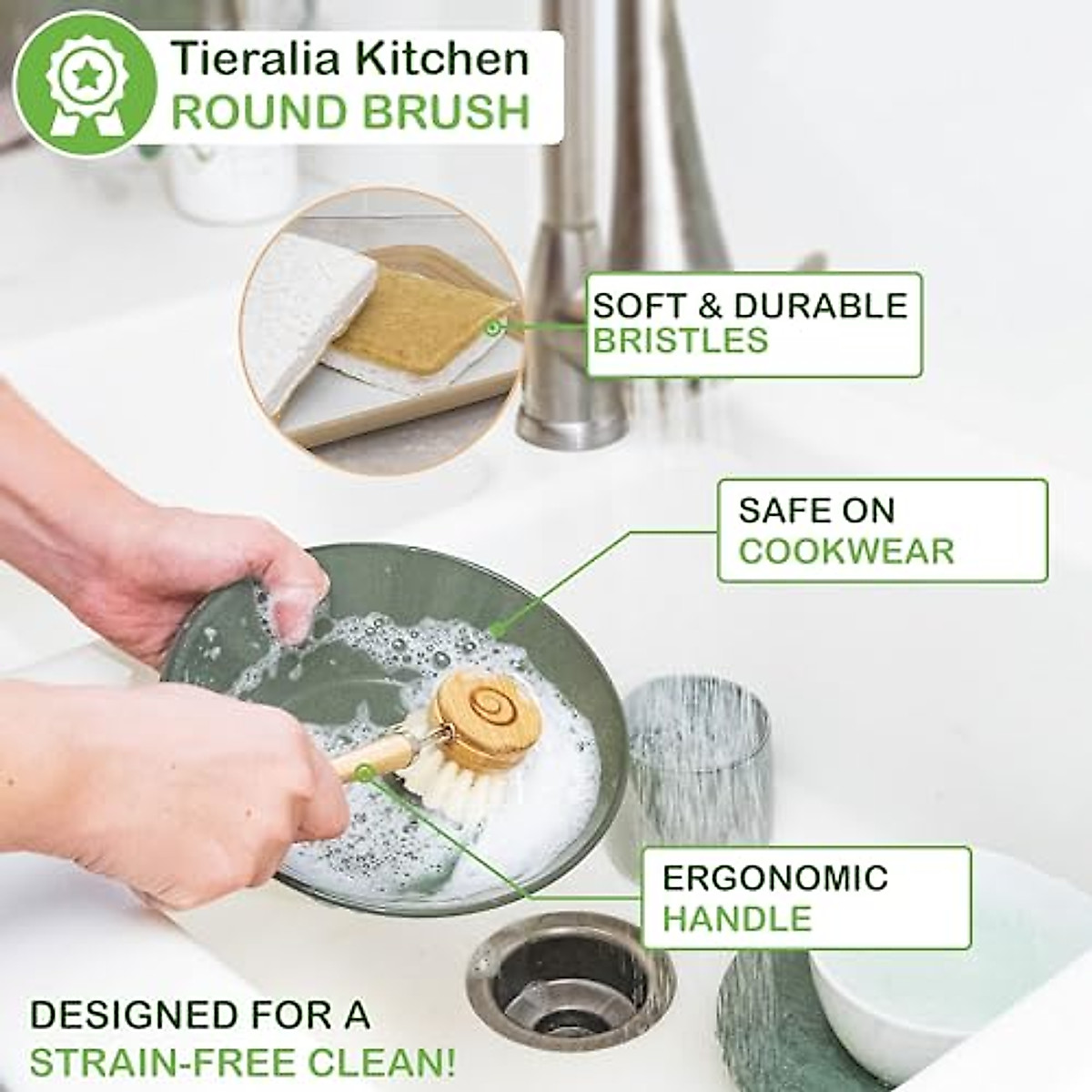 Tieralia 5-Piece Eco-Friendly Bamboo Dish Brush Set with Compostable Wood Pulp Sponges | Bamboo Kitchen Cleaning Set
