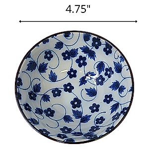 Four Piece Ceramic Donburi Bowl Set, Miso Soup Bowls with Blue and White Floral Designs, Kitchenware Housewarming and Wedding Shower Gifts, 4.75 Inches