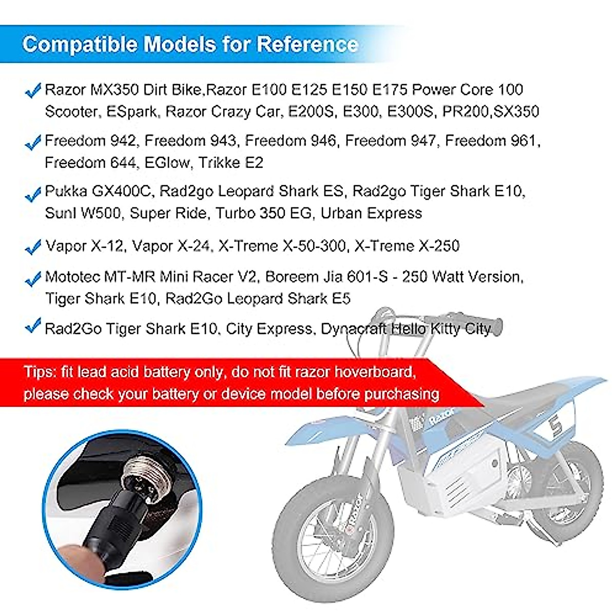 Charger for Razor Electric Scooter MX350, Dirt Bike, E100, Crazy Cart, Pocket Mod, E300, Quad, Moped, E200, PR200, Sports Mod, Replacement 24V Scooters and Some 4 Wheel Rides Battery Power Cord