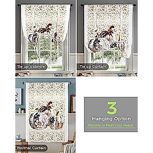 Autumn Thanksgiving Tie Up Curtains for Window, Fall Pumpkins Gold Leaves White Thermal Insulted Balloon Shade Adjustable Rod Pocket Curtains Valance Panels for Kitchen Bathroom Café 42 x 63