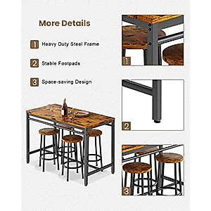 AWQM Bar Table Set, Kitchen Table and Chairs for 4, Industrial Counter Height Pub Dining Set with 4 Round Bar Stools, Heavy Duty Metal Frame, Rustic Brown and Black