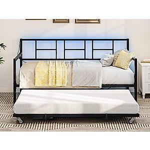 YITAHOME Twin Daybed with RGB LED Lights & Charging Station, Height Adjustable Day Bed Frame with Trundle, Versatile Metal Sofa Bed Frame for Bedroom, Living Room, Guest Room, Black
