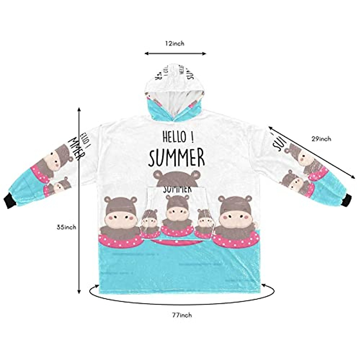 Wearable Blanket Hoodie,Oversized Hooded for Women,Comfy Sweatshirt Hello Summer Cute Hippo-01