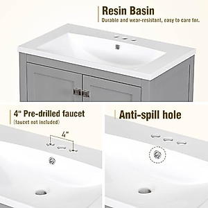 RIDFY 30" Bathroom Vanity with Sink, Modern Combo Cabinet Undermount Sink with 2 Doors and Drawer, Multifunctional Storage, Freestanding Single Basin Vanity, Solid Wood Frame (Grey)