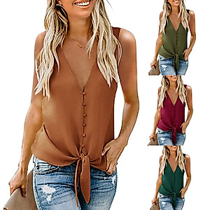 Padaleks Women's V Neck Button Down Front Tie Tank Tops Shirt Loose Casual Sleeveless Shirts Office Work Blouse