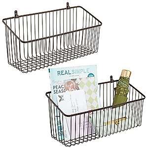 mDesign Portable Metal Farmhouse Wall Decor Angled Storage Organizer Basket Bin for Hanging in Entryway, Mudroom, Bedroom, Bathroom, Laundry Room - Wall Mount Hooks Included, Large - 2 Pack - Bronze