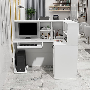 OmySalon Modern Reception Desk, L-Shaped Front Desk with Moveable Shelves and Lockable Drawers, Retail Checkout Counter Table, for Lobby Beauty Salon Office, White (55.9" W x 18.9" D x 48" H)