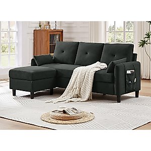 Tornama Convertible Sectional Sofa Couch 3 Seat L Shaped Sofa with Pillows, 77" Linen Fabric Small Couch with Reversible Chaise and Side Pockets for Living Room, Apartment and Office, Black