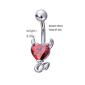 YHMM Devil Heart Belly Button Rings 14G Surgical Steel Navel Barbells Stud For Body Piercing (2 Pcs Devil Red+Round Clear)