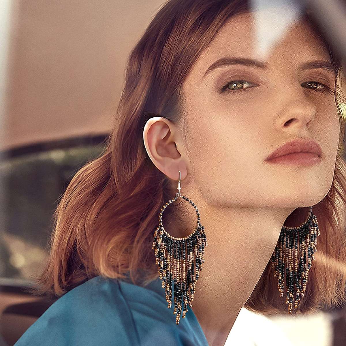 DoreenBow Long Beaded Tassel Black Earrings Boho Hoop Beaded Dangle Earrings Handmade Seed Bead Earrings Black and Gold Fringe Drop Earrings for Women and Girls