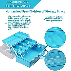 TERGOO 12in Three-Layer Multipurpose Storage Box Organizer Folding Tool Box/Art & Crafts Case/Sewing Supplies Organizer/Medicine Box/Family First Aid Box with 2 Trays (Blue)