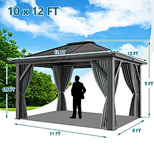 Raysfung 10' x 12' Hardtop Gazebo, Galvanized Steel Roof Gazebo with Netting and Curtains, Outdoor Permanent Pavilion for Patio, Garden, Backyard