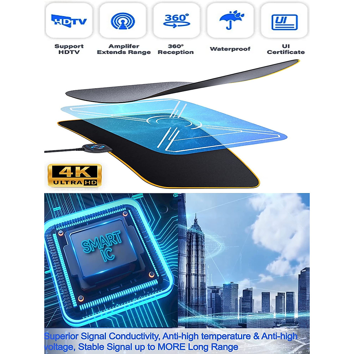 4K Amplified HD Digital Antenna 1000 Miles Range RUPA Indoor Antenna Support 4K 1080p Fire tv Stick All Older TV's Smart Amplifier Signal Booster with Coax Cable 17ft