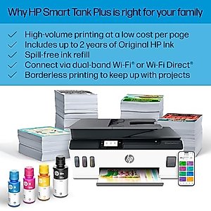 HP Smart -Tank Plus 651 Wireless All-in-One Ink -Tank Printer, up to 2 Years of Ink in Bottles, Auto Document Feeder, Mobile Print, Scan, Copy, Works with Alexa (7XV38A)