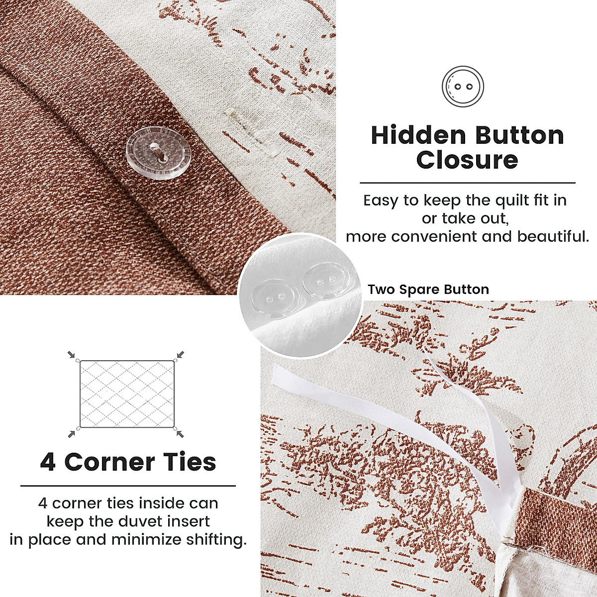 BISELINA Vintage Linen Duvet Cover Set Landscape Printed Pattern 3pcs (1 Comforter Cover, 2 Pillow Shams)- Natural Flax Cotton Blend Reversible Breathable Retro Country Bedding - Coffee, Queen