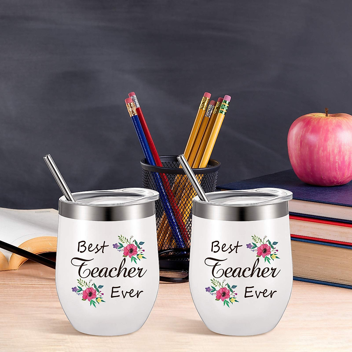 Patelai 2 Pcs Teacher Appreciation Gifts Best Teacher Ever Wine Tumbler Appreciation Gift for Women Thank You Gift Graduation Birthday Present 12 oz Stainless Steel Tumbler with Lid and Straw (White)
