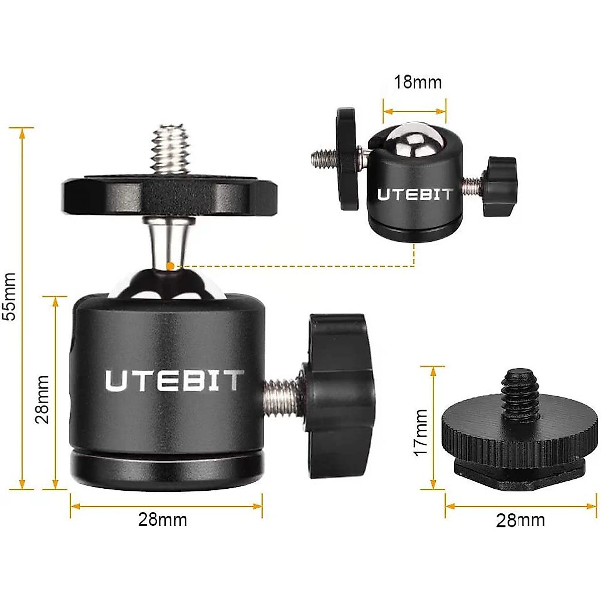 UTEBIT 2 Pack Mini Ball Head with 1/4" Hot Shoe Mount Adapter Max Load 5.5lb 360° Swivel Tripod Ball Head for DSLR Camera Camcorder, Light Bracket