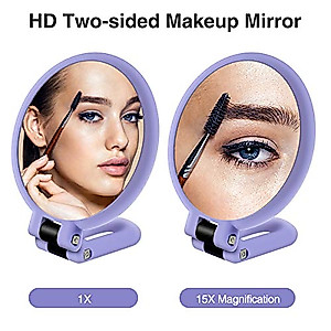 FUHUIM 1x 15x Magnifying Hand Held Mirror, Double Sided Handheld Mirror with Foldable Hand, Portable Travel Mirror with Magnification for Girls Woman(Purple)