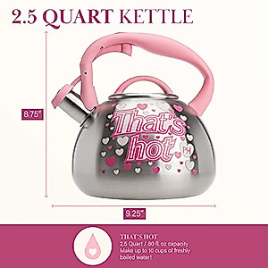 Paris Hilton Whistling Stovetop Tea Kettle, Stainless Steel with Color Changing Heat Indicator Design, Soft Touch Handle, 2.5-Quart, Pink