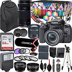Camera Bundle for Canon EOS Rebel T8i DSLR Camera with EF-S 18-55mm f/4-5.6 is STM + EF 75-300mm f/4-5.6 III Lens + Microphone with Video Kit Accessories (64GB, Tripod, Flash, and More)