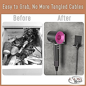 EnCasa Romero Hair Dryer Holder - Wall Mounted Hanger for Blow Dryers & Hair Dryers and Power Cord - Dual Mounting Option with Self Adhesive Strips and Screws Compatible with Dyson & Most Hairdryers