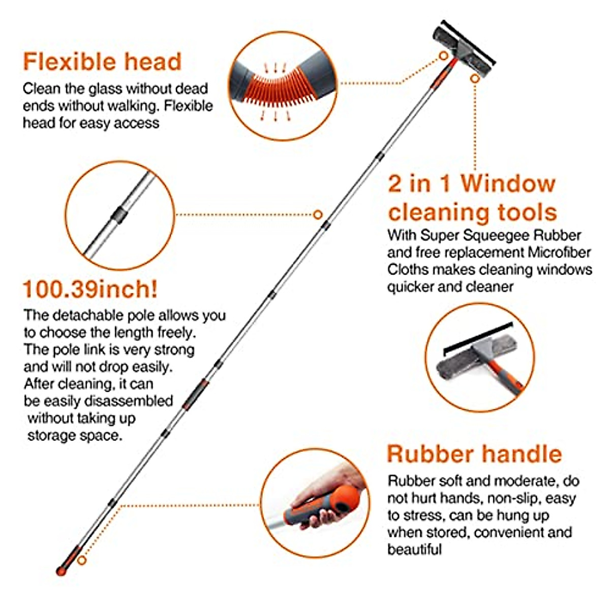 Baban Window Squeegee Cleaner, 2 in 1 Window Cleaning Tool with Straight Extension Pole, 100'' Telescopic Window Washing Equipment with Bendable Head for Car Glass Indoor Outdoor High Windows