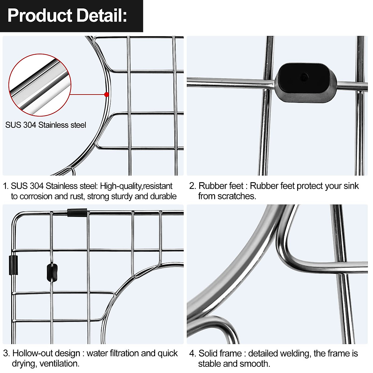 ARLBA 2Pack 304 Stainless Steel Sink Protectors for Kitchen Sink W/Rear Drain,15"x13"x1.25" Metal Kitchen Sink Grid Protector Sink Gate Sink Rack for Bottom of Sink w/2Pack Sink Strainers Rubber Feet