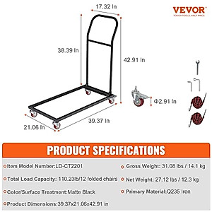 VEVOR Folding Chair Dolly, 39"L x 21"W x 42.9"H L-Shaped Steel Vertical Storage Cart, Multi-Function Chair Cart with 4 Casters 12 Chairs Capacity for Flat Stacking Plastic Resin & Wood Chairs, Black