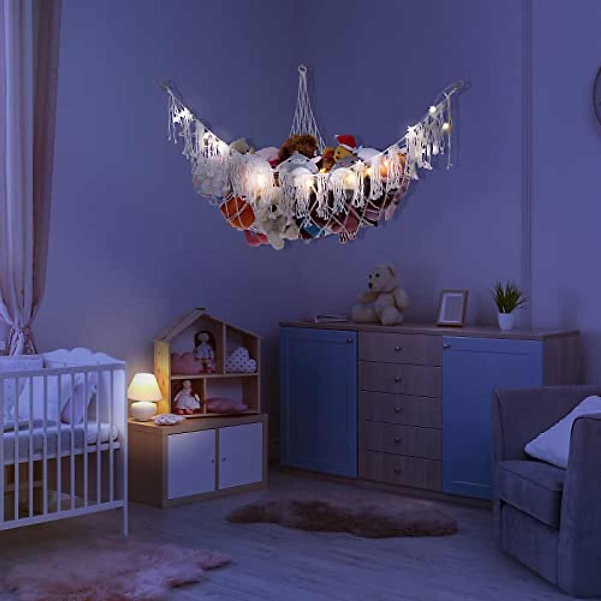 SZBAMI Stuffed Animal Net or Hammock with Light, Hanging Corner Net Toy Hammock for Stuffed Animals with Hooks, Hanging Net Toy Storage Organizer Animal Net for Bedroom Playroom Kindergarten -Large