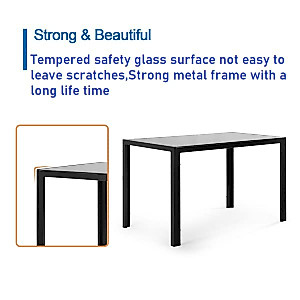 VERYKE Kitchen Dining Table Set for 4,Modern Tempered Glass Rectangular Dining Table & 4 Faux Leather Chairs Furniture Set for Kitchen Breakfast, Dining Room (Black)