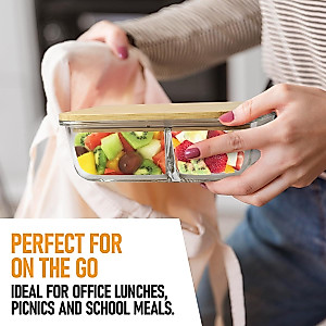 3-Compartment Glass Food Storage Containers with Lids for Lunch Storage, Glass Bento Box Set with Airtight Bamboo Lids - Great Mel Prep Containers for Lunch & Portion Control, 3 Pack, 31.5oz