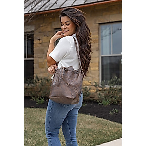 Womens Drawstring Bucket Bag, Genuine Leather Crossbody Bag, Hand tooled, Dark Brown, Handmade Leather Purse