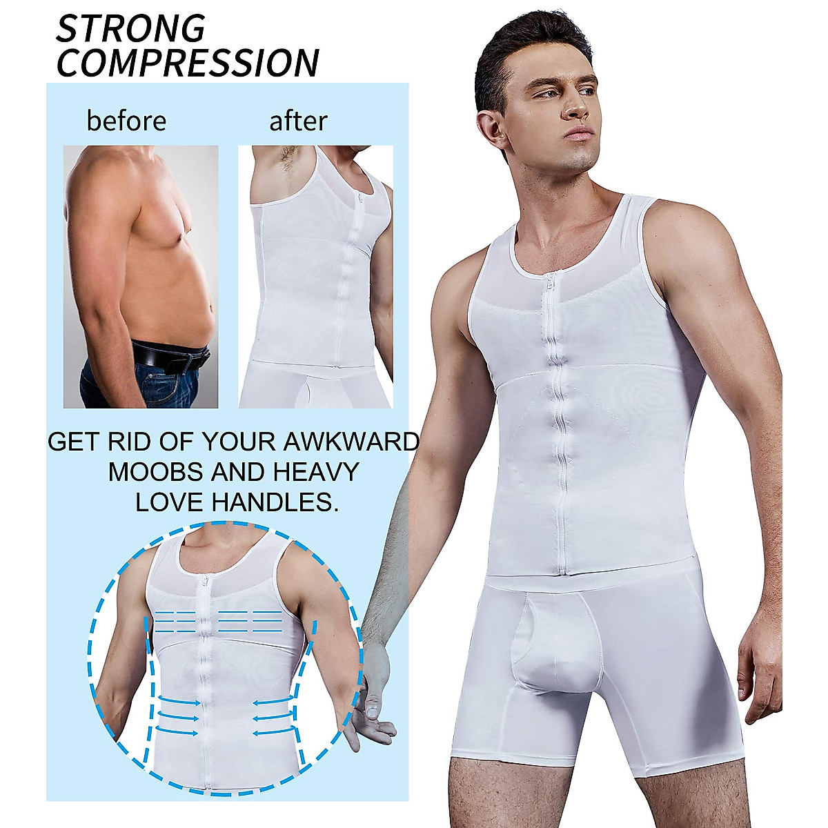 Vaslanda Men Slimming Body Shaper Vest Chest Compression Shirt Tight Undershirt Shapewear Tank Top Moobs Binder Zipper White