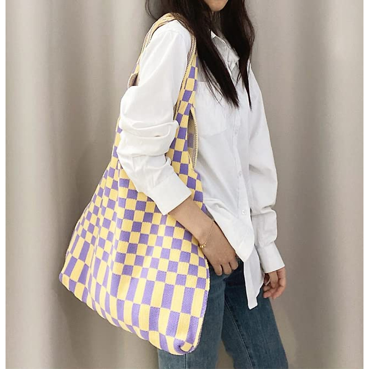 Knit Shoulder Bag for Women Extra Large Plaid Hobo Bag Chic Checkboard Satchel Tote Bag for Work School 2022, Black/Navy