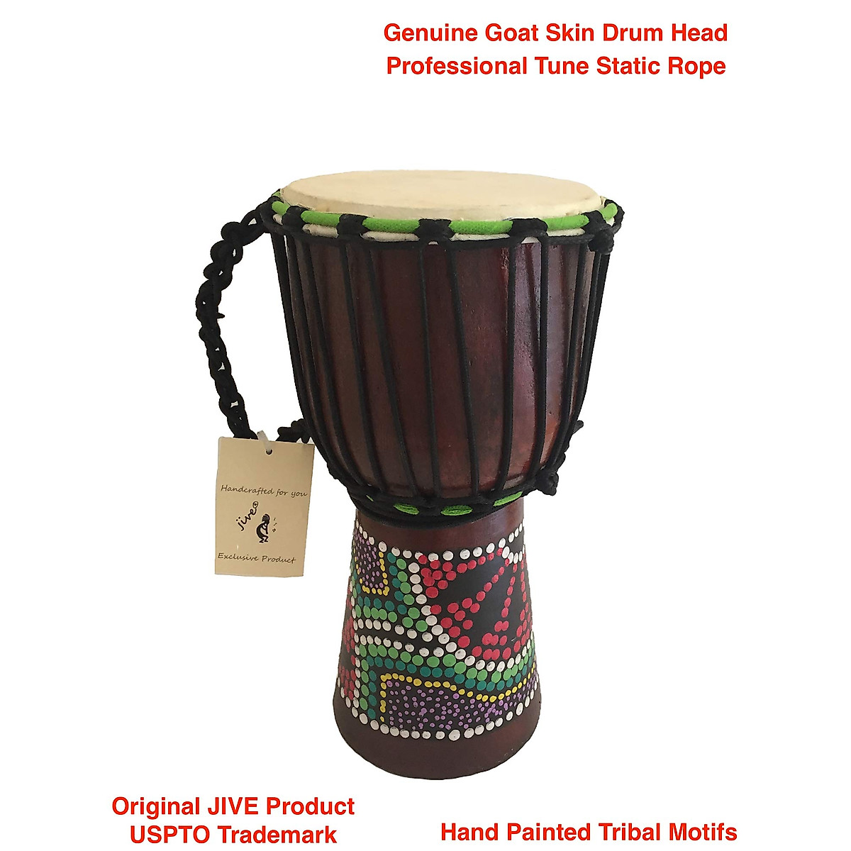 Djembe Drum Bongo Congo African Wood Drum - MED SIZE- 12" High, JIVE BRAND, Professional Quality With Heavy Base/Includes Drum Key Chain