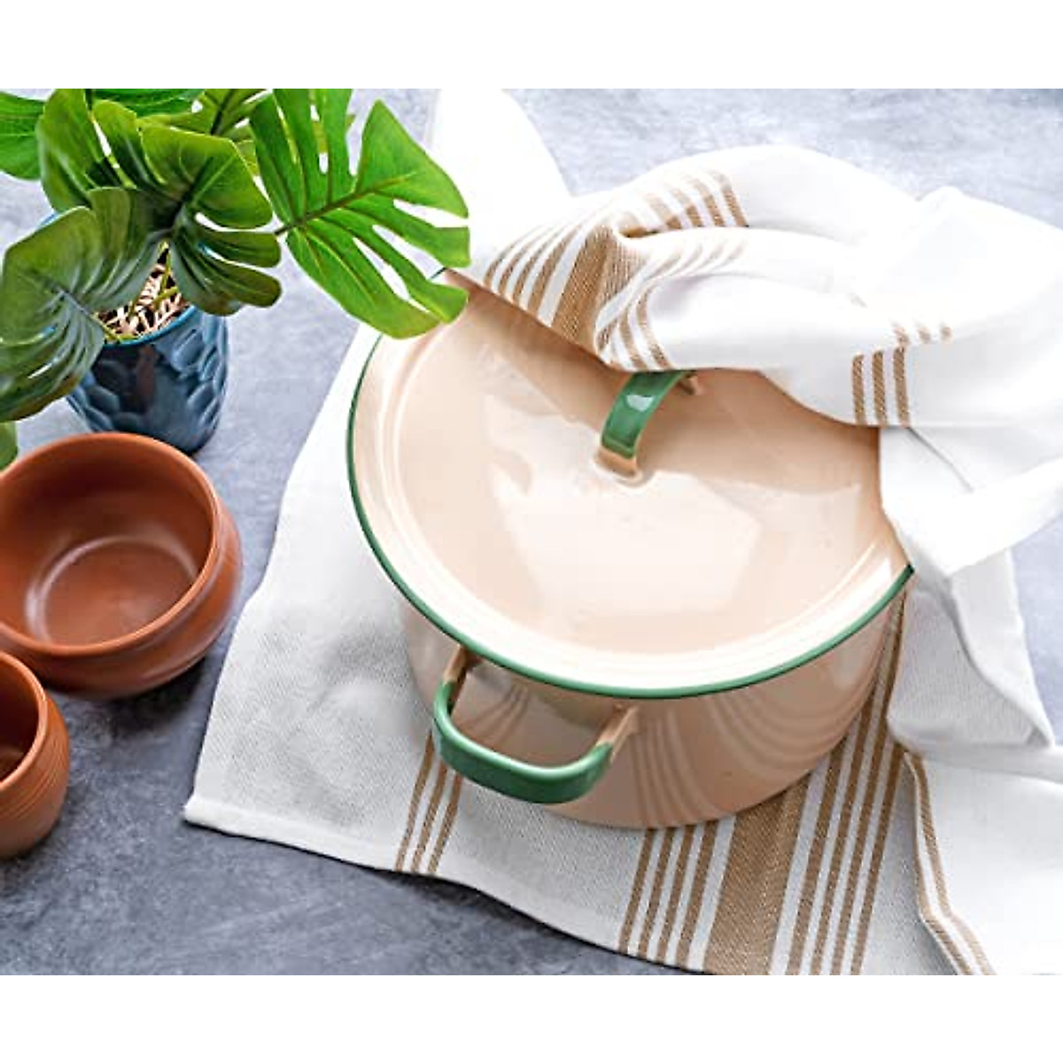 Cotton Dish Towels Set of 6 - Beige & White Tea Towels - Kitchen Dish Towels - Hand Towels with Hanging Loop - Striped Hand Towels, Farmhouse Dish Towels, Linen Bar Towels, (Beige/White, 18 x 28")