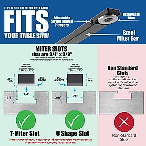 Fulton Precision Miter Gauge with Aluminum Miter Fence with 45 degree Angled Ends for Maximum Stock Support and a Repetitive Cut Flip Stop