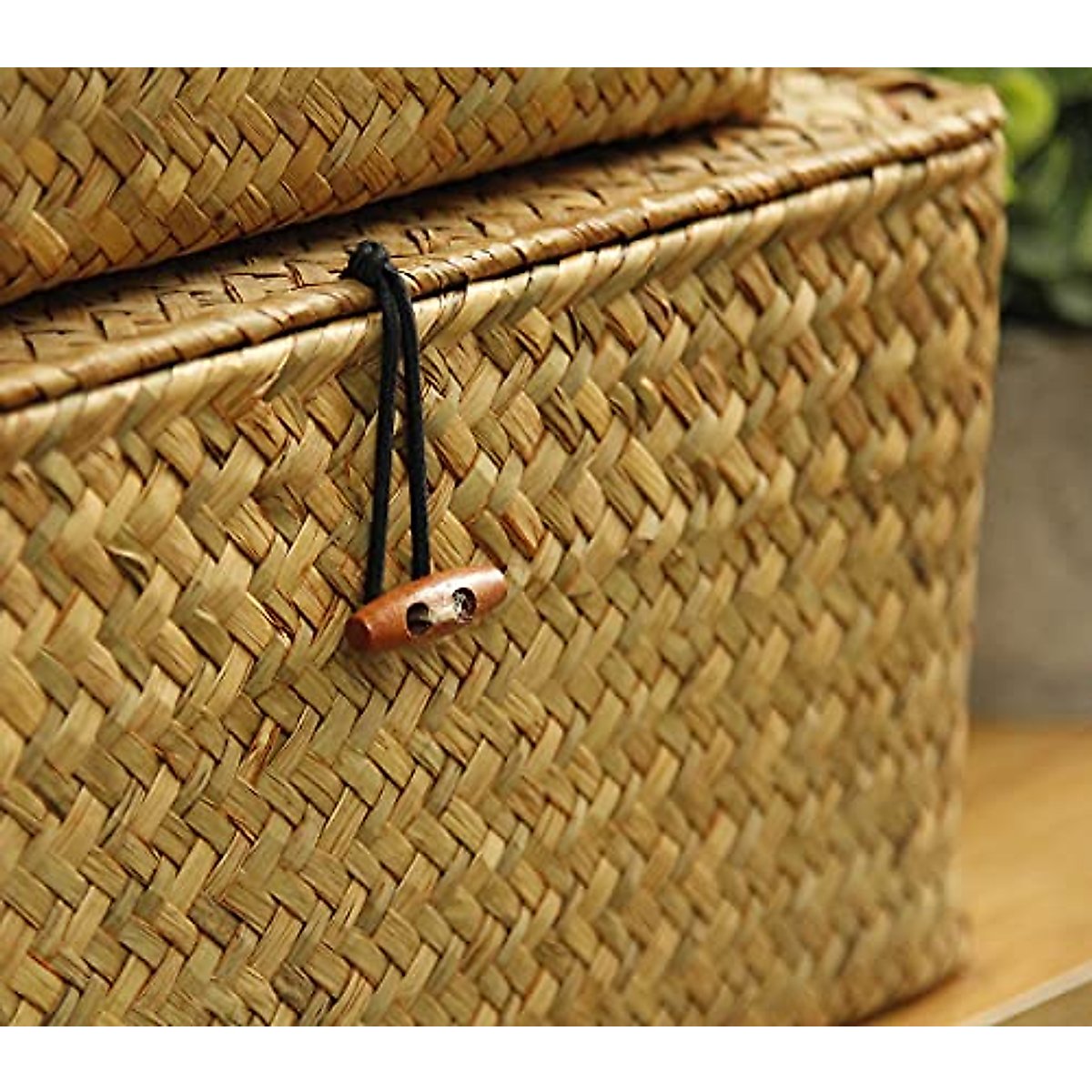 FEILANDUO Shelf Baskets with Lids Set of 3 for Home Decor Seagrass Storage Baskets Wicker Rattan Woven Rectangular Organizer Boxes ((Large) S/M/L, Original)
