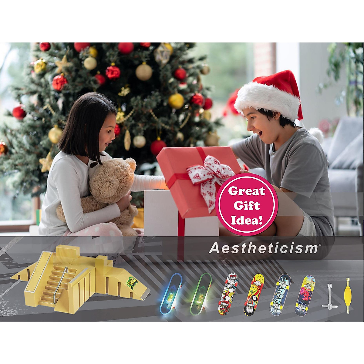 Aestheticism Finger Skateboards Kit 11 PCS, Finger Boards for Kids, Fingerboard Ramps Toys Set with Skateboards, Ramps, LED Skateboard, Screwdriver - Bigger Skateboard Ramp for Finger Board Training