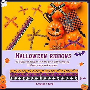 SANNIX 15 Pcs Halloween Ribbon, 15 Yards 3/8 Inch Halloween Grosgrain Ribbon Ghost Spider Thin Halloween Ribbon Bat Pumpkin Ribbons for DIY Crafts Gift Wrapping Halloween Decorations