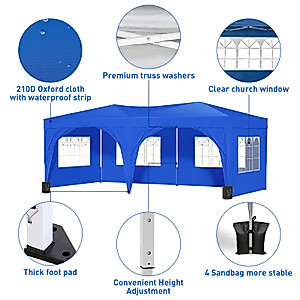 10'x20' Pop Up Canopy Tent with Sidewalls, Outdoor Heavy Duty Party Tent with 4 Sandbags and Carrying Bag, Large Ez Up Tents for Parties, Event, Waterproof (Blue)