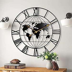 Large World Map Wall Clock, Metal Minimalist Modern Clock, Round Silent Non-Ticking Battery Operated Wall Clocks for Living Room/Home/Kitchen/Bedroom/Office/School Decor (24 Inch)