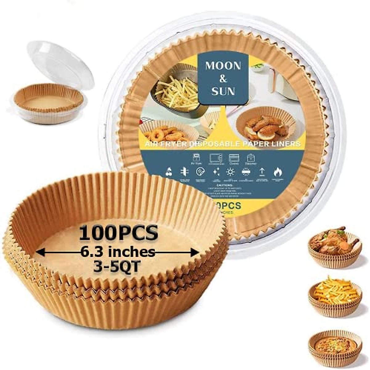 MOON&SUN Air Fryer Disposable Paper Liner | Air Fryer Paper Liners for 3-5QT Air Fryer | Nonstick Parchment Paper Liners | Oil-Proof Water Proof Paper Liners for Cooking, Baking Food (6.3 In, 100-PCS)