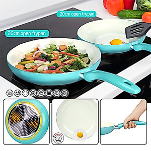 Masthome 16 Piece Ceramic Nonstick Cookware Set,Soft Grip Healthy Pots and Pans Set with Lids and Utensils for Kitchen,PFAS-Free, Dishwasher Safe-Tiffany Blue Extra Spoons and Silicone Spatula Set