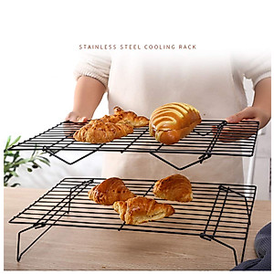 3 Tier Non Stick Cake Cooling Rack - Oven Safe, Heat Resistant, Space Saving Stackable Wire Tray with Collapsible Legs for Roasting, Cooking, Grilling, Drying, Plus Multi-use Basting Brush, 10x16 in