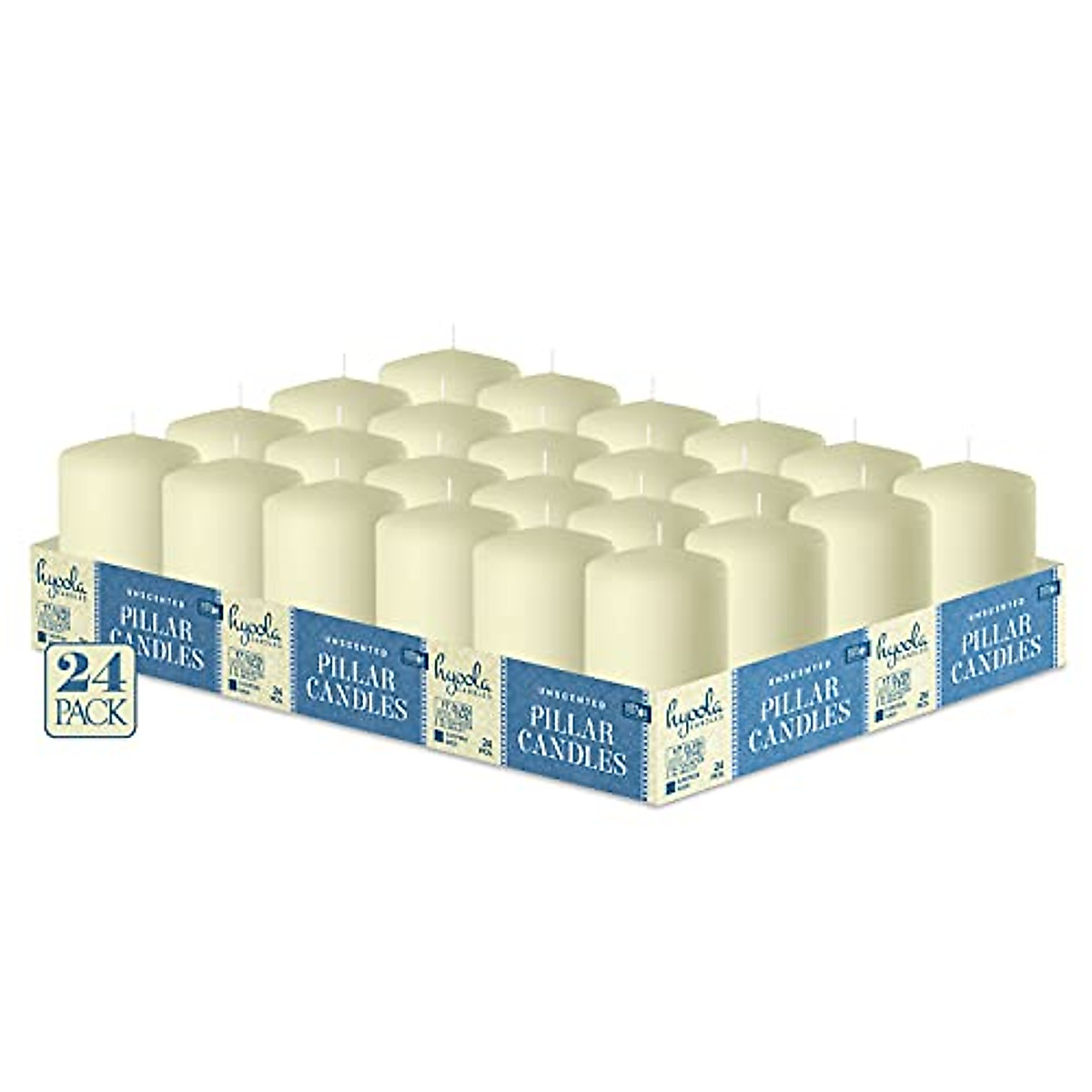 HYOOLA Ivory Pillar Candles 2x3 Inch - 24 Pack Unscented Bulk Pillar Candles - European Made