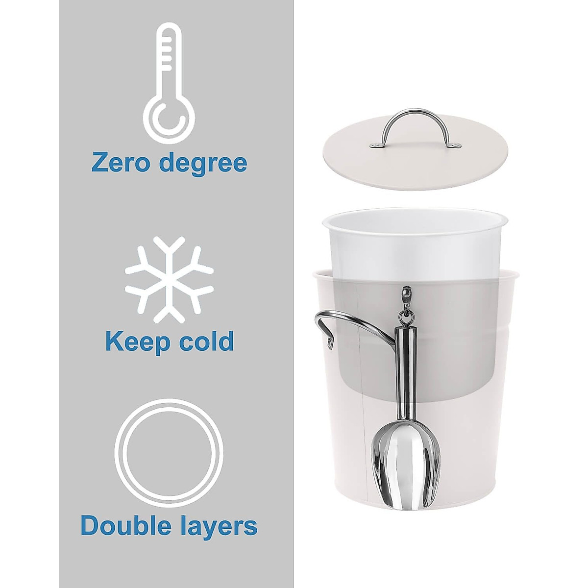 3Qt White Galvanized Ice Bucket with Lid, Scoop & Handles - Ideal for Cocktails, Parties, BBQs, Wine & Champagne. Double-Layer Insulated Outer & Galvanized Inner Layer, Perfect for Home & Outdoor Use