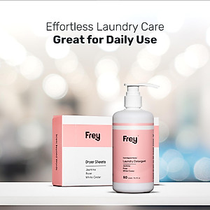 FREY Laundry Set | Concentrated Liquid Detergent & Natural Dryer Sheets | Jasmine Rose White Cedar Scent | Eco-Friendly & Skin-Safe