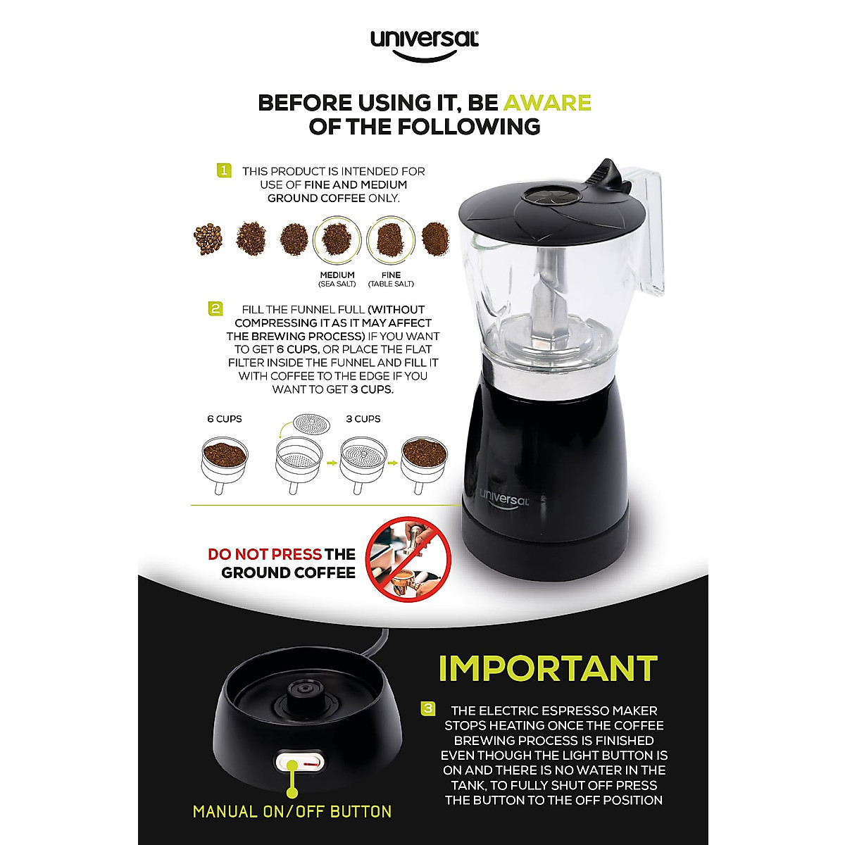 universal Electric Espresso/Moka Maker 6 cups, Moka Pot Electric, Espresso Machine, Prepare Italian Style Coffee Latte, Macchiato & Mocaccino, Cord-free Serving